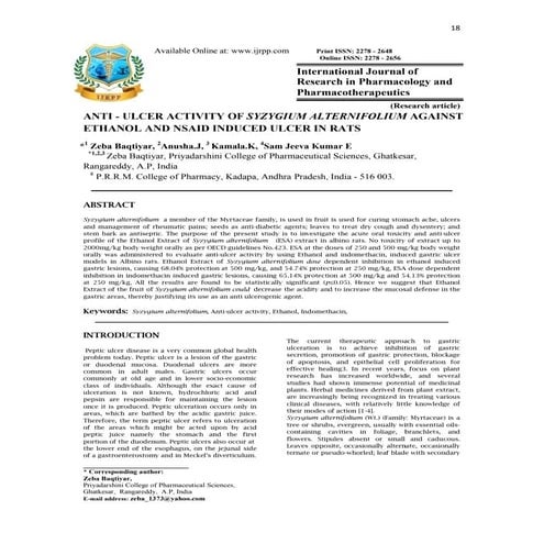 Anti ulcer activity of syzygium alternifolium ijrpp | PDF