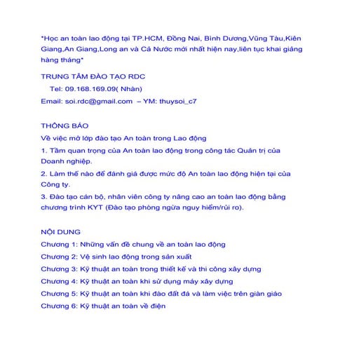 Khóa học an toàn lao động cuối tuần tại TP.Hồ chí minh,đồng nai,bình dương,vũng tàu,long an | DOC