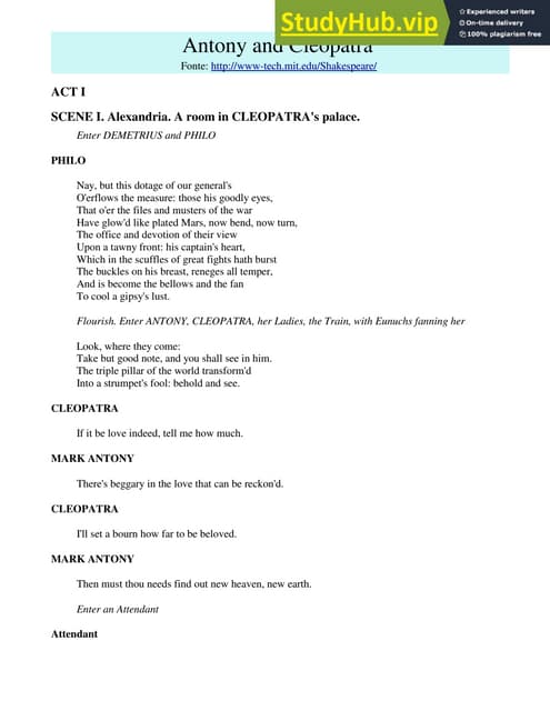 Shakespeare: Antony and Cleopatra: Act 1 Scene 4 Theatre Literature | PPTX