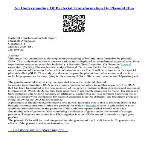 An Understanding Of Bacterial Transformation By Plasmid Dna | PDF