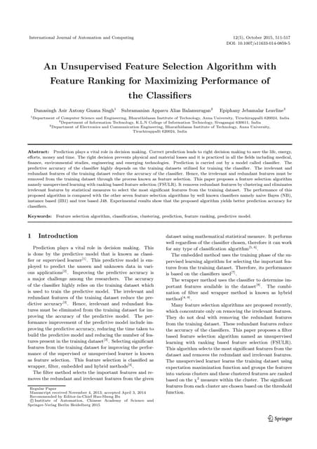 An Unsupervised Feature Selection Algorithm With Feature Ranking For 6210