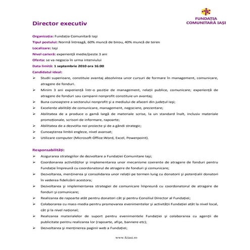Anunt angajare - Director Executiv FC Iasi | PDF