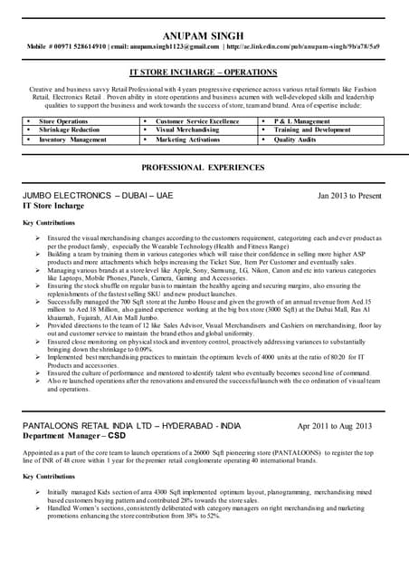 Resume for Store incharge | DOC