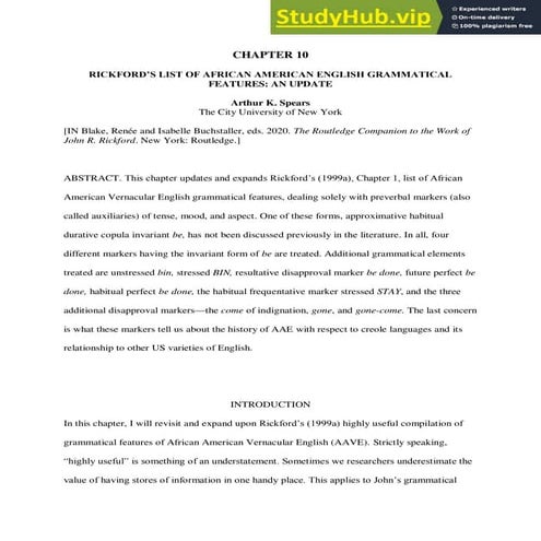 An Updated List Of African American English Grammatical Features Tense-Aspect-Mood Markers | PDF