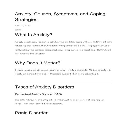 Anxiety: Causes, Symptoms, and Coping Strategies | PDF