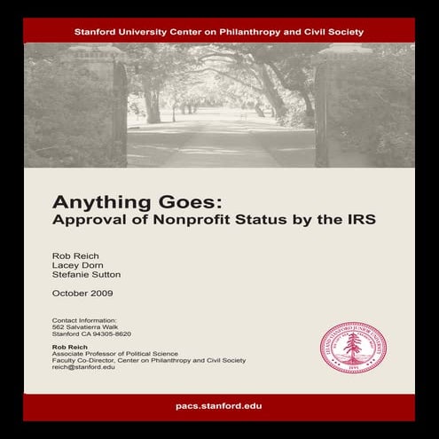 Approval of Nonprofit Status by the IRS - Rob Reich - PACS | PDF