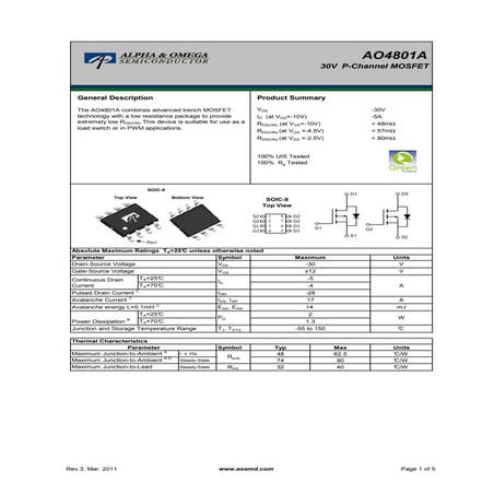 Original P-Channel Mosfet AO4801A 4801A 4801 SOP-8 New | PDF