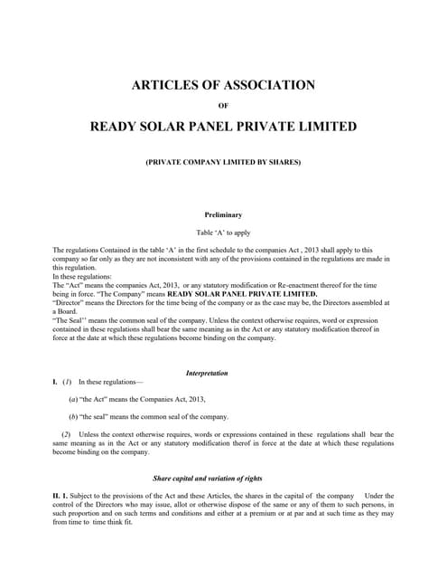 Format of AOA (Article of Association) as per New Companies Act 2013 | DOCX