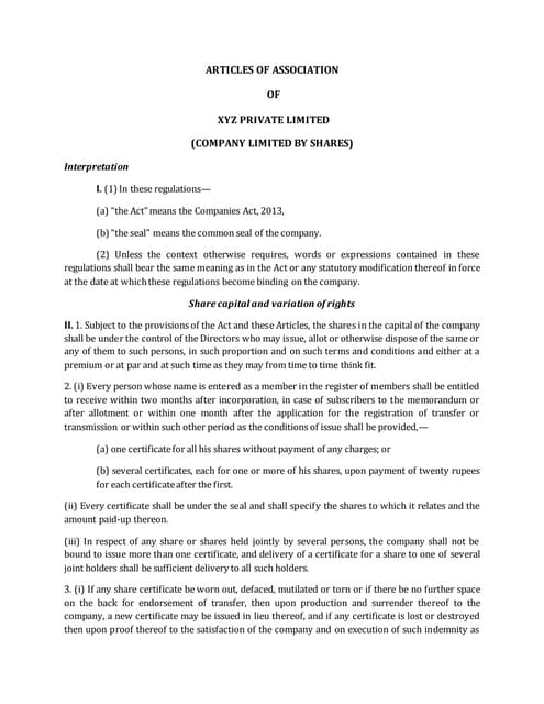 Format of AOA (Article of Association) as per New Companies Act 2013 | DOCX