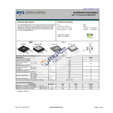 Original Mosfet P-Channel D403 AOD403 85A 30V TO-252 New | PDF
