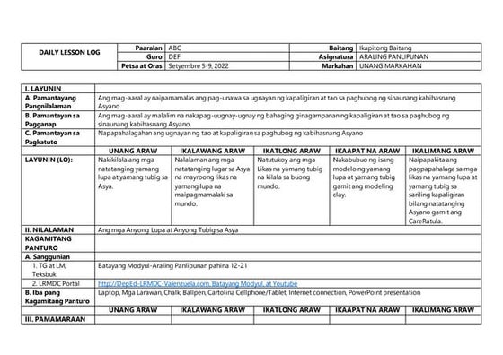 Grade 1 daily lesson log. week 6 day 1 to 5 GMRC | PPT