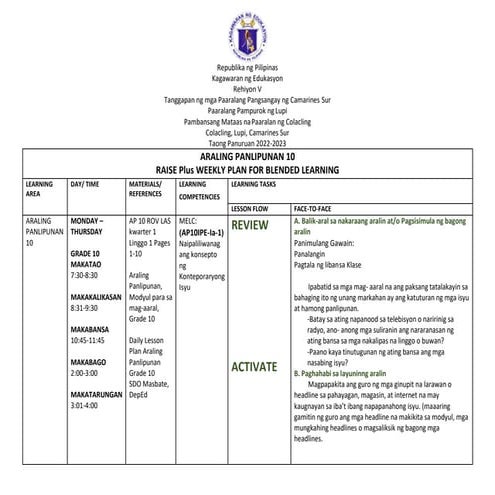 Budget of Work Araling Panlipunan 10 | DOCX