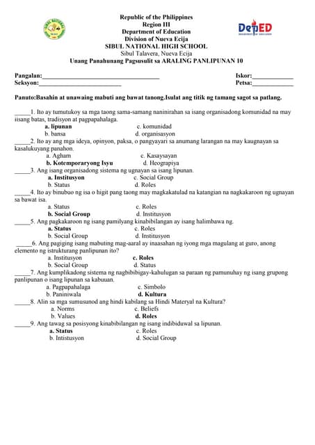 K to 12 Araling Panlipunan Grade 2 (3rd Periodical Exam) | PDF