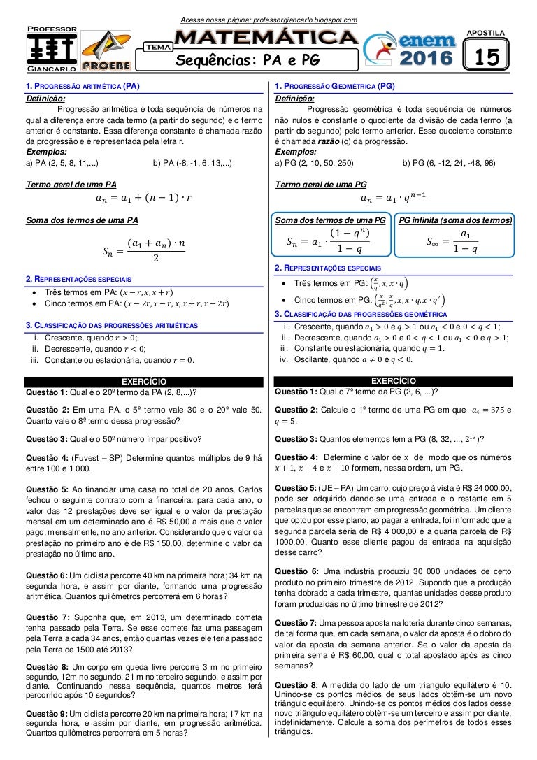 Sequências - pa e pg - definições e exercícios - AP 15