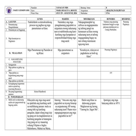 ARALING PANLIPUNAN 8 DAILY LESSON LOG G8 | DOCX