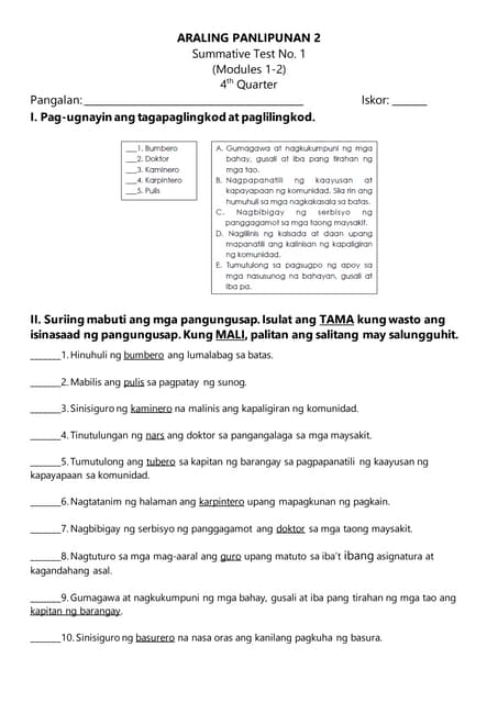 K to 12 Araling Panlipunan Grade 2 (3rd Periodical Exam) | PDF