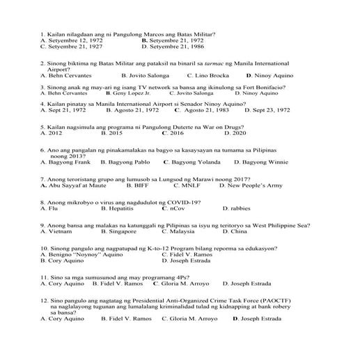 ARALING PANLIPUNAN QUARTER 4 GRADE 6 SHORT QUIZ | PDF