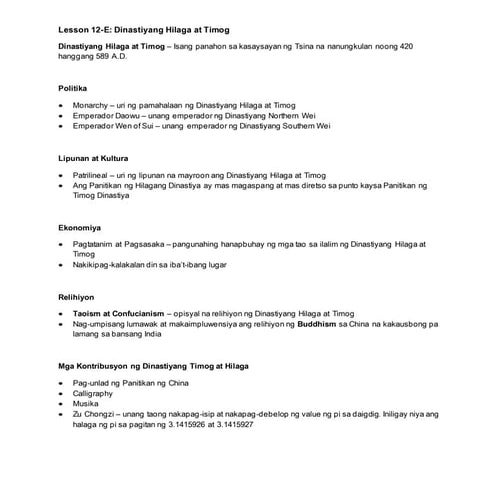AP 7 Lesson no. 12-E: Dinastiyang Hilaga at Timog | DOCX