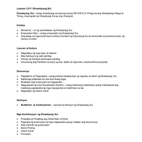 AP 7 Lesson no. 12-F: Dinastiyang Sui | DOCX