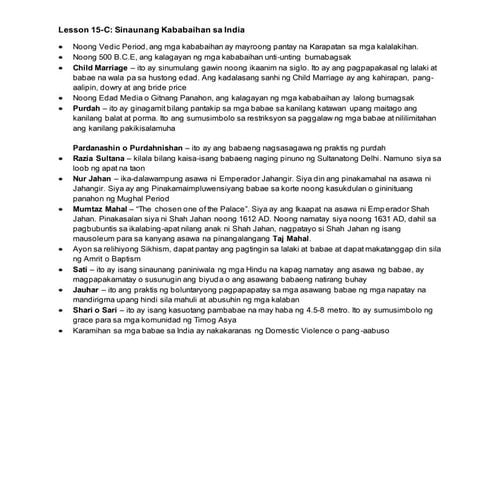 AP 7 Lesson no. 15-C: Sinaunang Kababaihan Sa India | DOCX