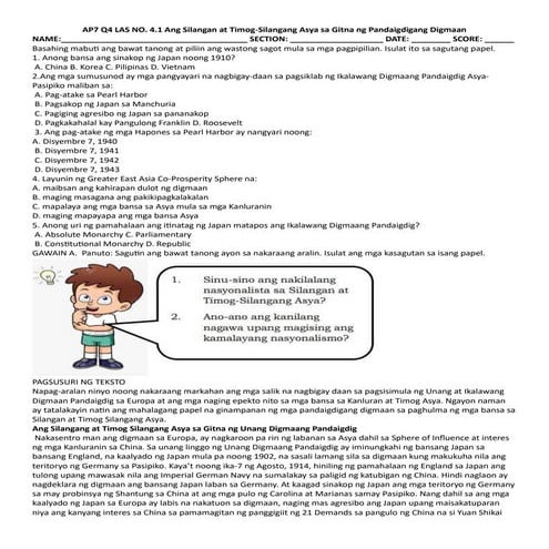 AP7 Q4 LAS NO. 4 Ang Silangan at Timog-Silangang Asya sa Gitna ng ...
