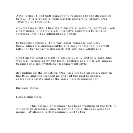 APA format 1 and half pages for a response to the discussion below. | PDF