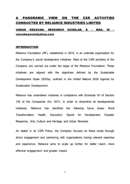 Reliance industries csr | PPTX