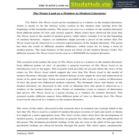 A Paper On Eliot S THE WASTE LAND | PDF