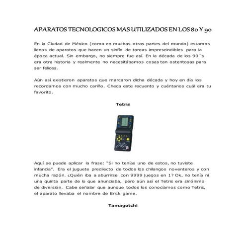 Aparatos tecnologicos mas utilizados en los 80 y 90 | DOCX