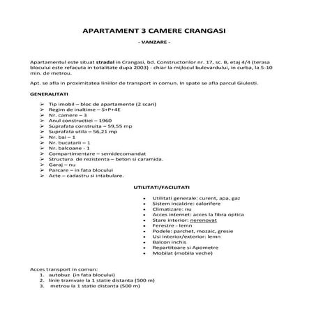 VANZARE Apartament 3 camere Crangasi | PDF