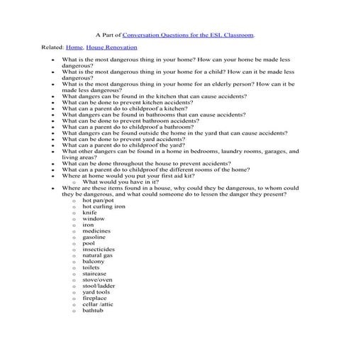 A part of conversation questions for the esl classroom | DOCX
