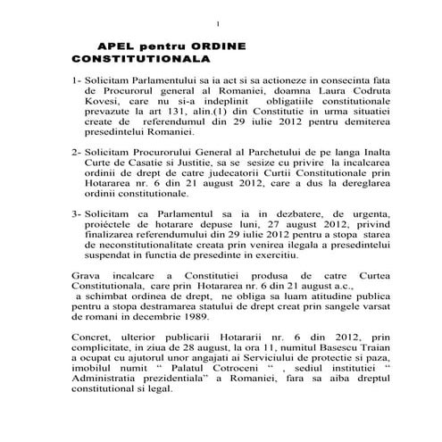 APEL PENTRU ORDINE CONSTITUŢIONALĂ | DOC