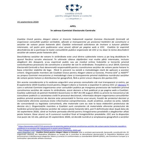 Apel în adresa Comisiei Electorale Centrale pentru organizarea unor ...