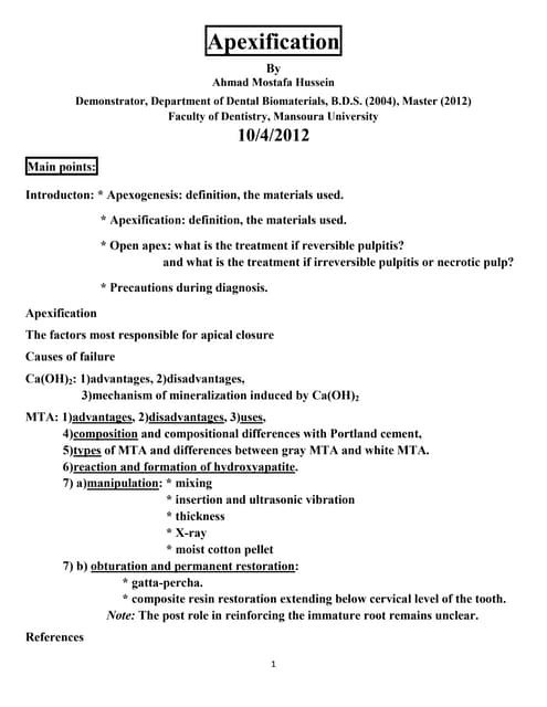 MTA Apexification | PPTX | Dental Health | Diseases and Conditions