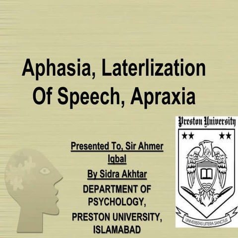 Aphasia, Laterlization Of Speech, Apraxia.pptx