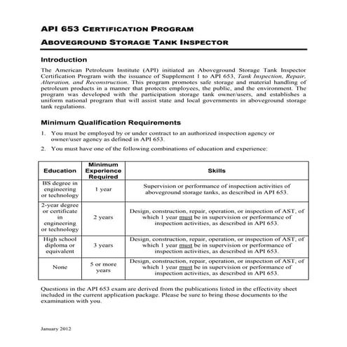 Api653 qualificationfor certification-2_2012 | PDF