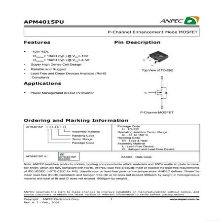 Original P-Channel Mosfet APM4015P APM4015 4015 TO-252 New ANPEC | PDF
