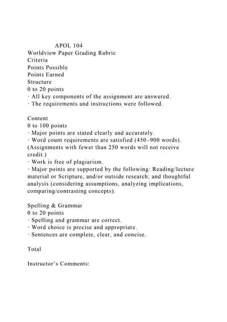 APOL 104Worldview Paper Grading RubricCriteriaPoints Possi.docx APOL 104Worldview Paper Grading RubricCriteriaPoints Possi.docx