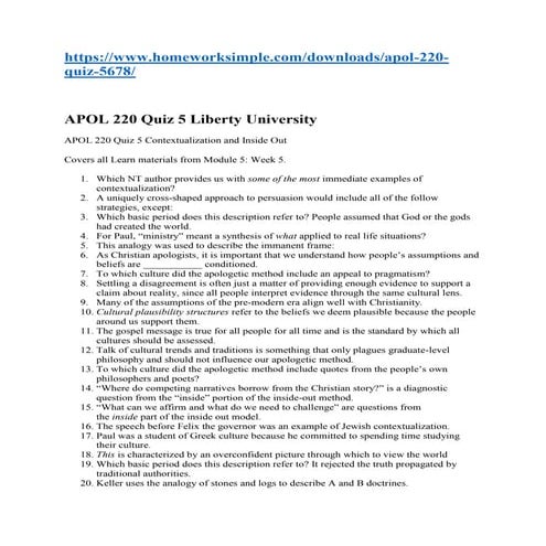 APOL 220 Quiz 5,6,7,8 Liberty University.docx