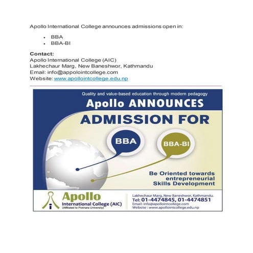 Apollo International College calls for admission in BBA and BBA-BI | DOCX