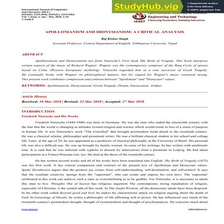 APOLLONIANISM AND DIONYSIANISM A CRITICAL ANALYSIS | PDF