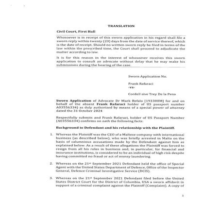 Civil Court Sworn Application Frank RafARaci vs Cordell sive Trey De la ...