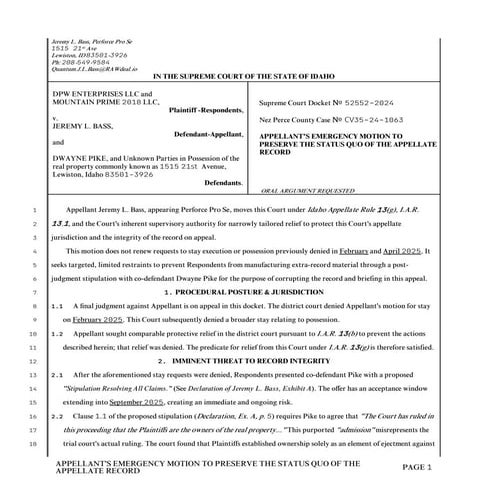 APPELLANT'S EMERGENCY MOTION TO PRESERVE THE STATUS QUO OF THE ...