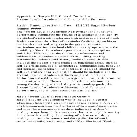 Appendix A Sample IEP General CurriculumPresent Level of Academi.docx