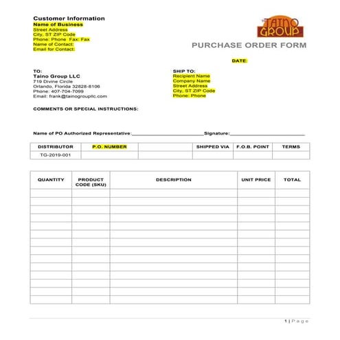 Sample Taino Group Purchase Order Form | PDF