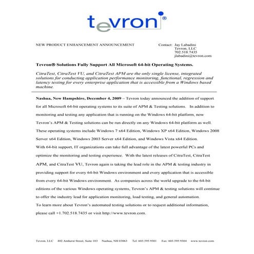 Application Monitoring Solution For All Microsoft 64-bit OS by Tevron | PDF
