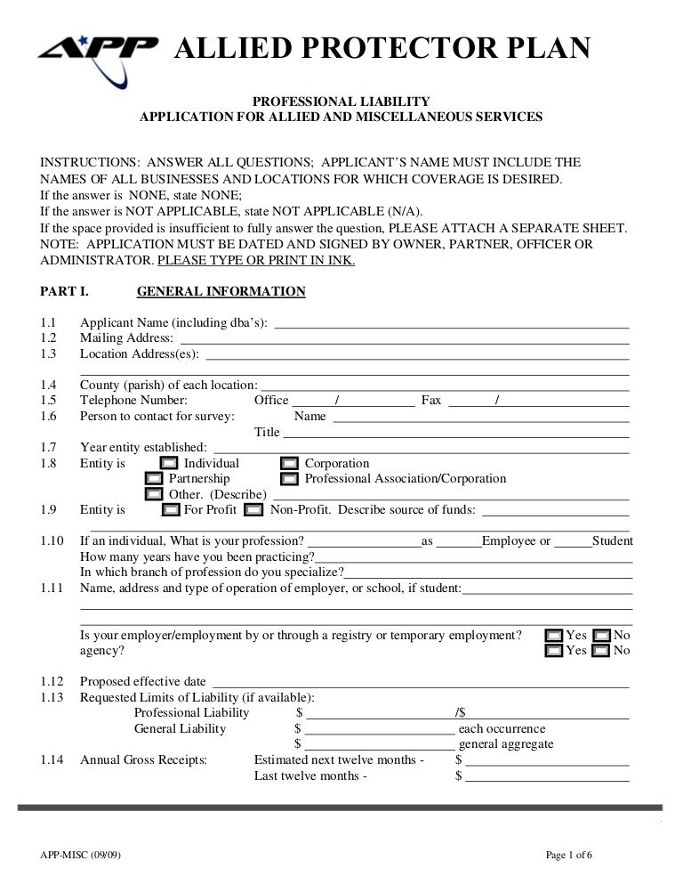 Professional Liability Insurance Application for Allied and Miscellan…