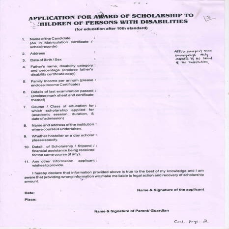 Application for award of scholarship to children of persons with ...