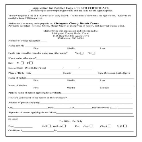 Application For Certified Copy Of Birth Certificat | PDF
