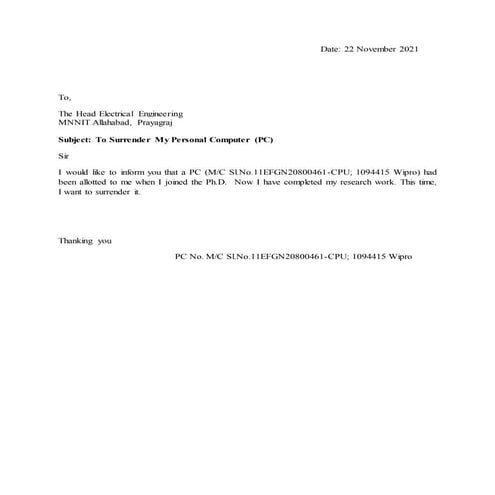 A pplication for surrender computer | DOCX